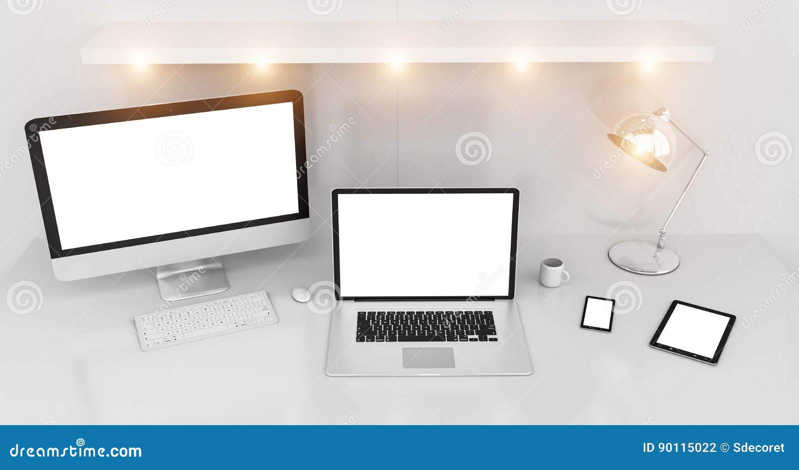 Modern White Desk Interior with Computer and Devices 3D Rendering Stock ...