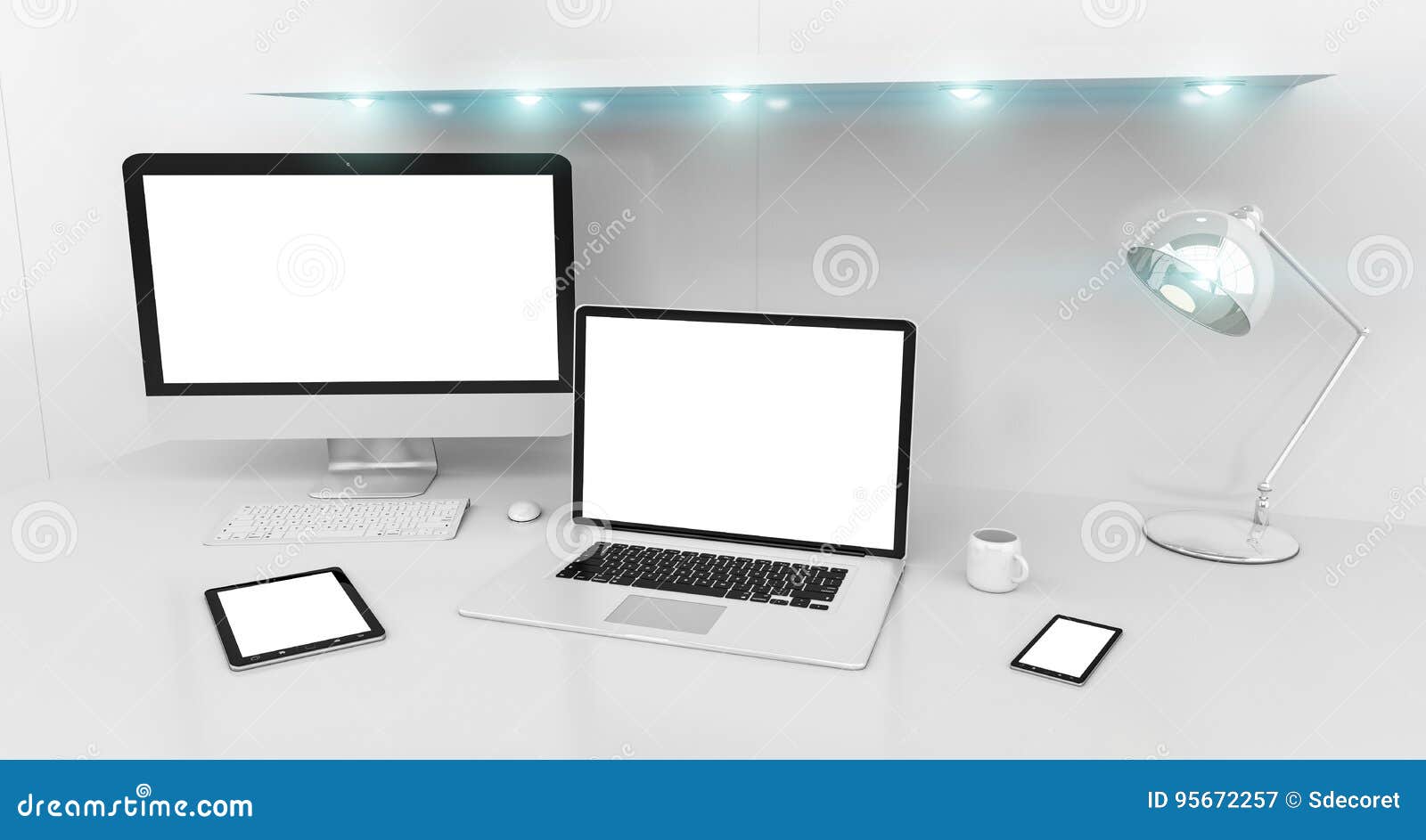Modern White Desk Interior with Computer and Devices 3D Rendering Stock ...
