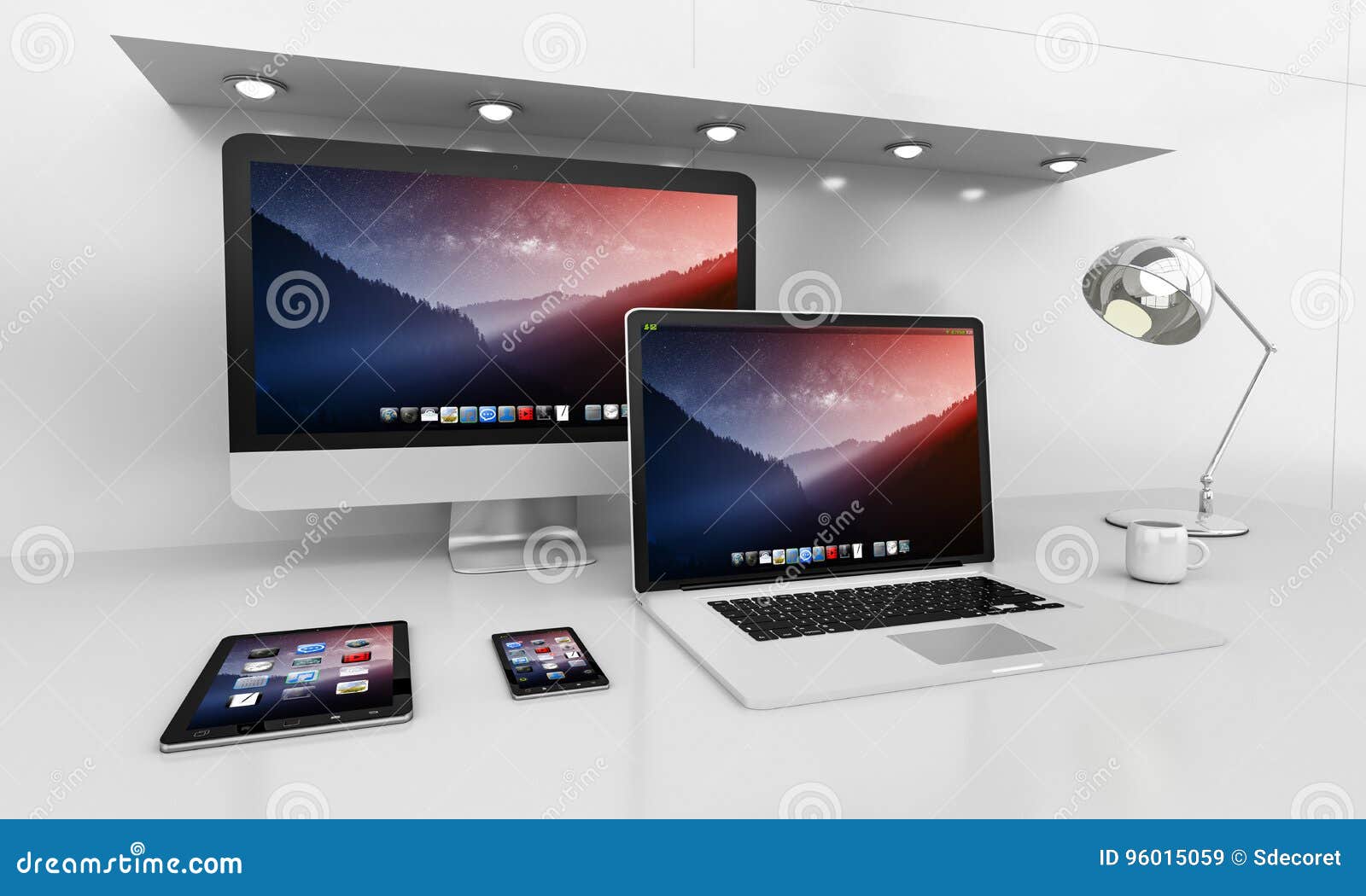 Modern White Desk Interior with Computer and Devices 3D Rendering Stock ...
