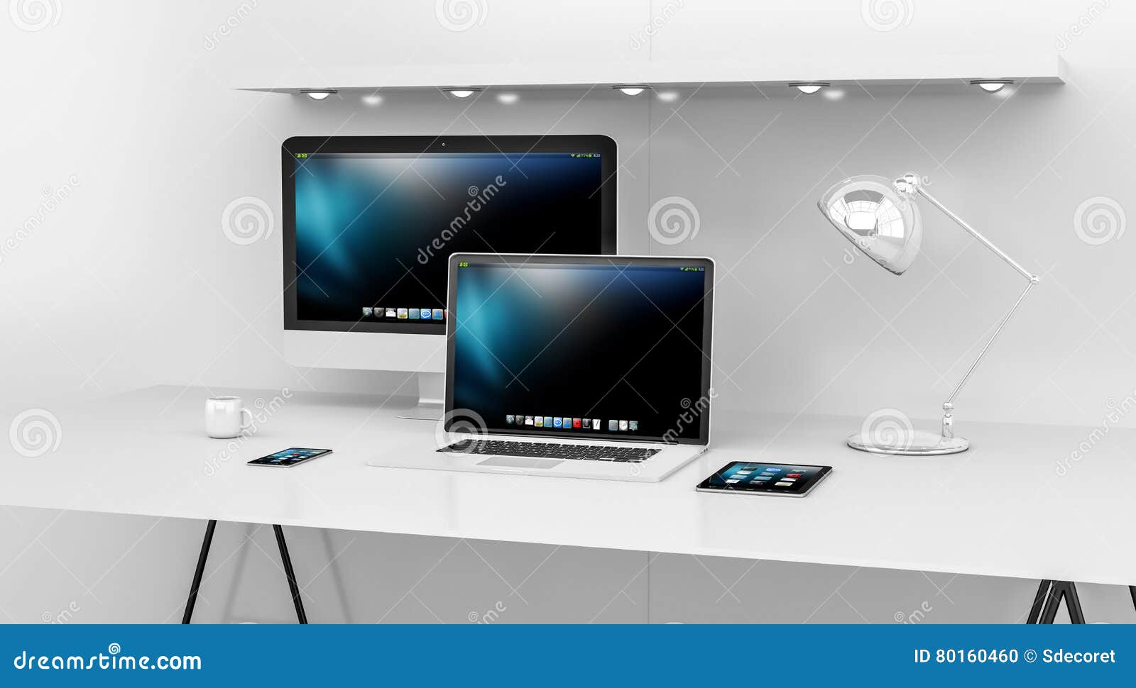 Modern White Desk Interior with Computer and Devices 3D Rendering Stock ...