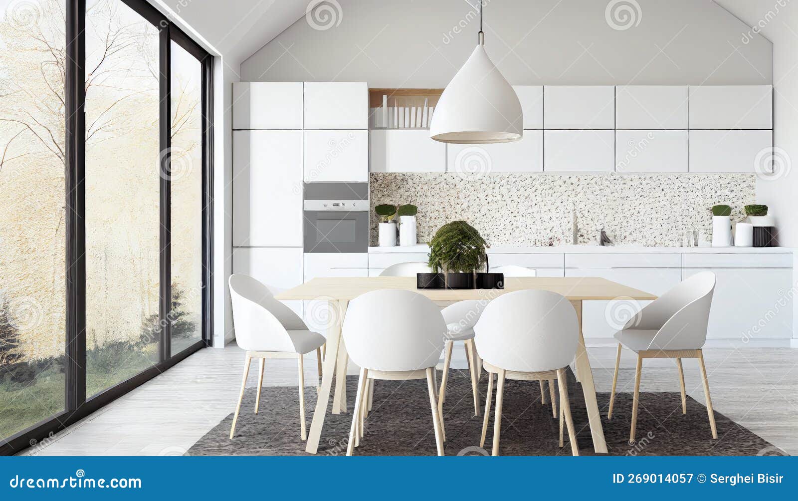 Modern White Dining Room and Kitchen with a Nature View. with Carpet ...