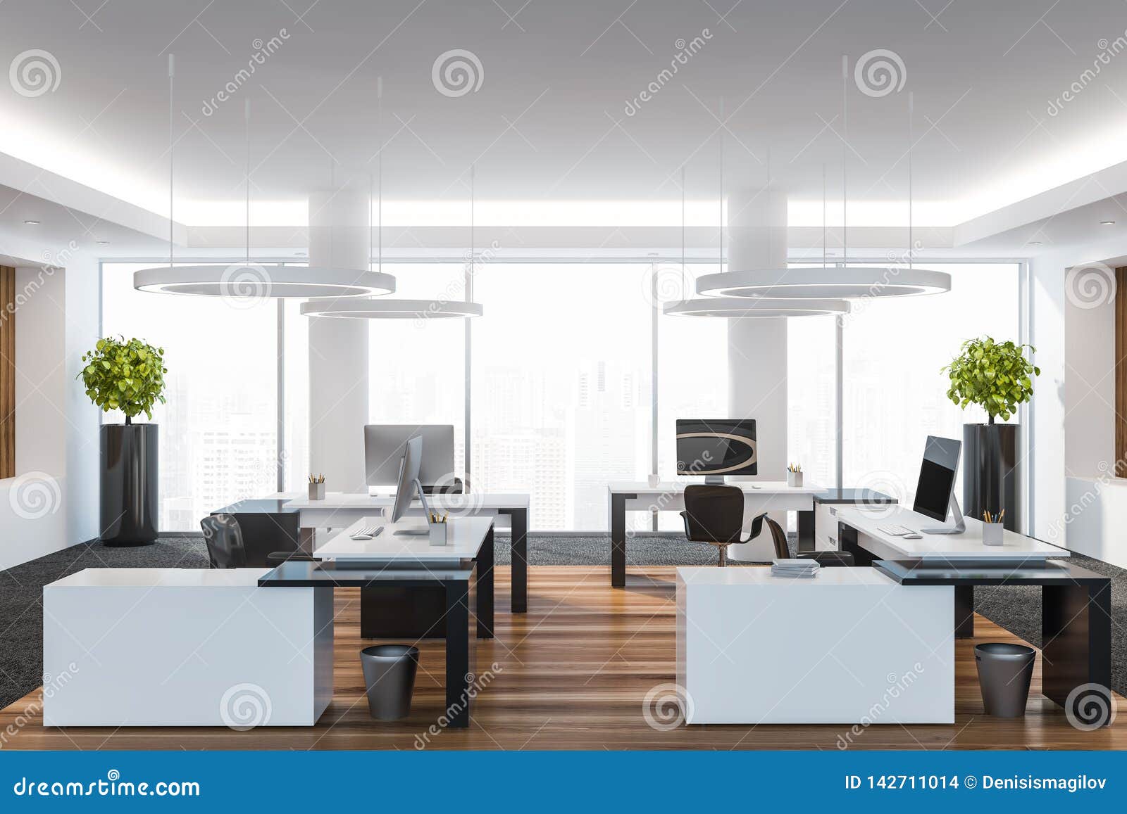 Modern White Empty Office Interior. Work Space with Computers. 3D ...