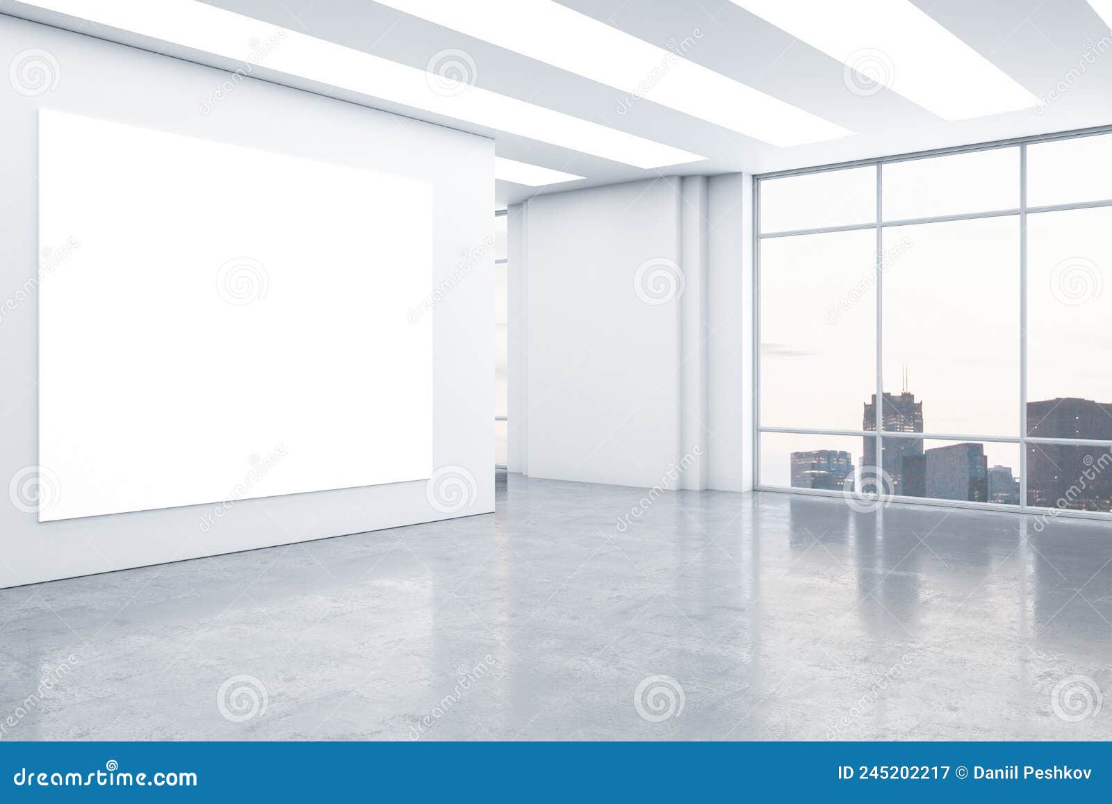 Modern White Gallery Interior with Mock Up Poster, Window and Panoramic ...