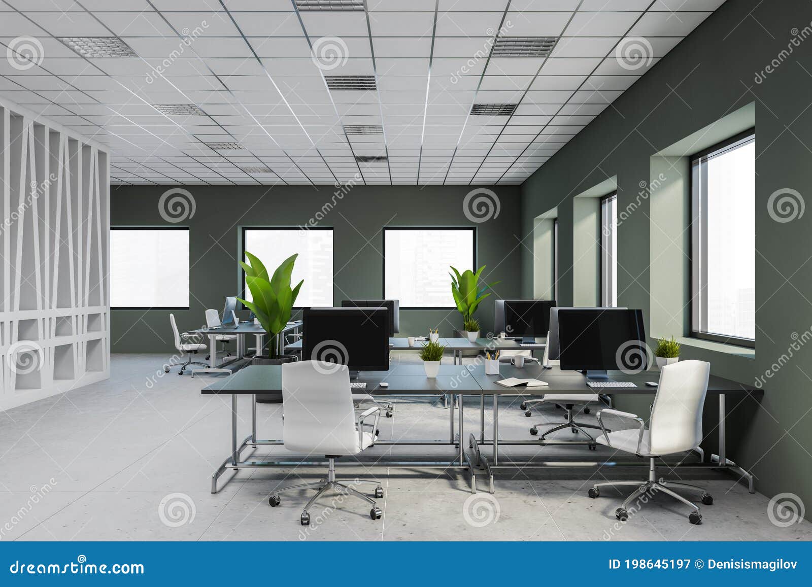 Modern White and Gray Open Space Office Interior Stock Illustration ...