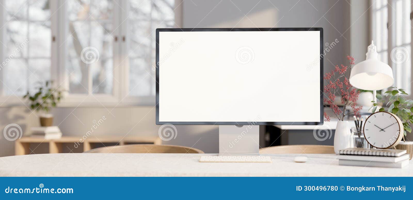 Modern White Home Office with a Computer White-screen Mockup and ...