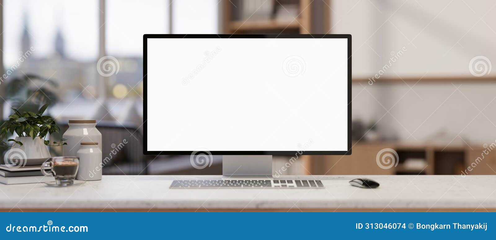 A Modern White Home Office Features a White-screen PC Computer Mockup ...