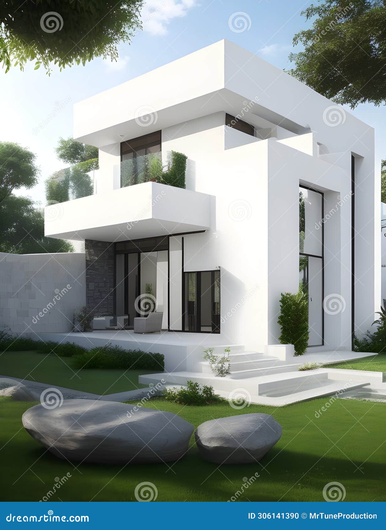 A Modern White House with Landscaping and a Lawn Stock Illustration ...