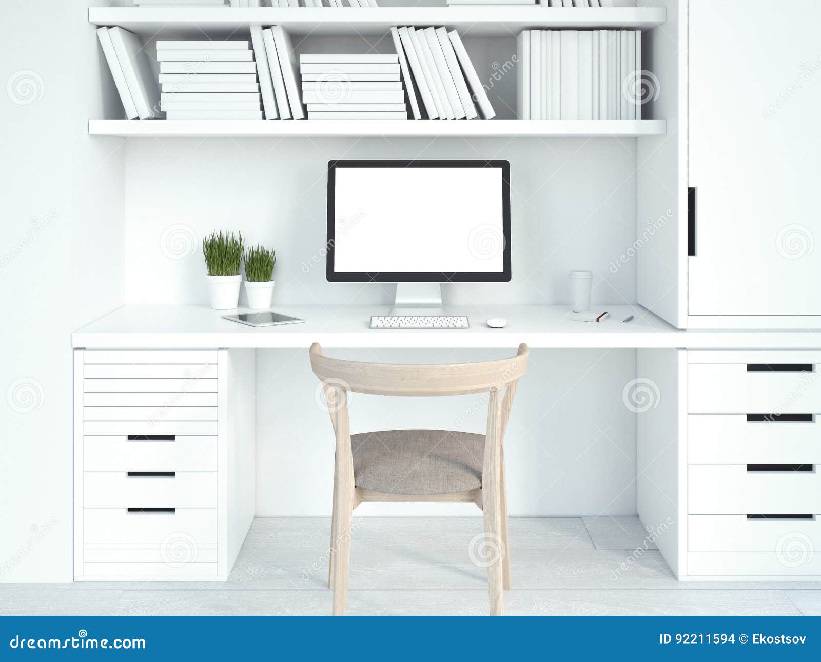 Modern White Interior with Workplace. 3d Rendering Stock Photo - Image ...