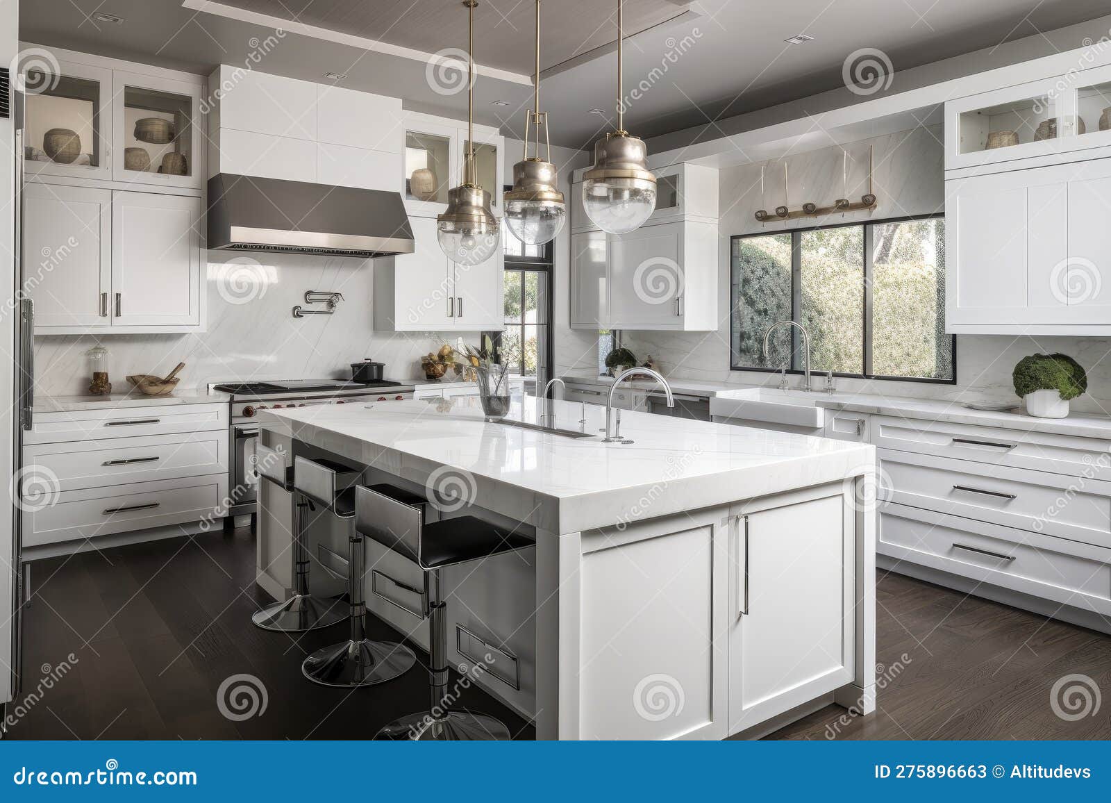 Modern White Kitchen with Custom Cabinets and Sleek Hardware Stock ...