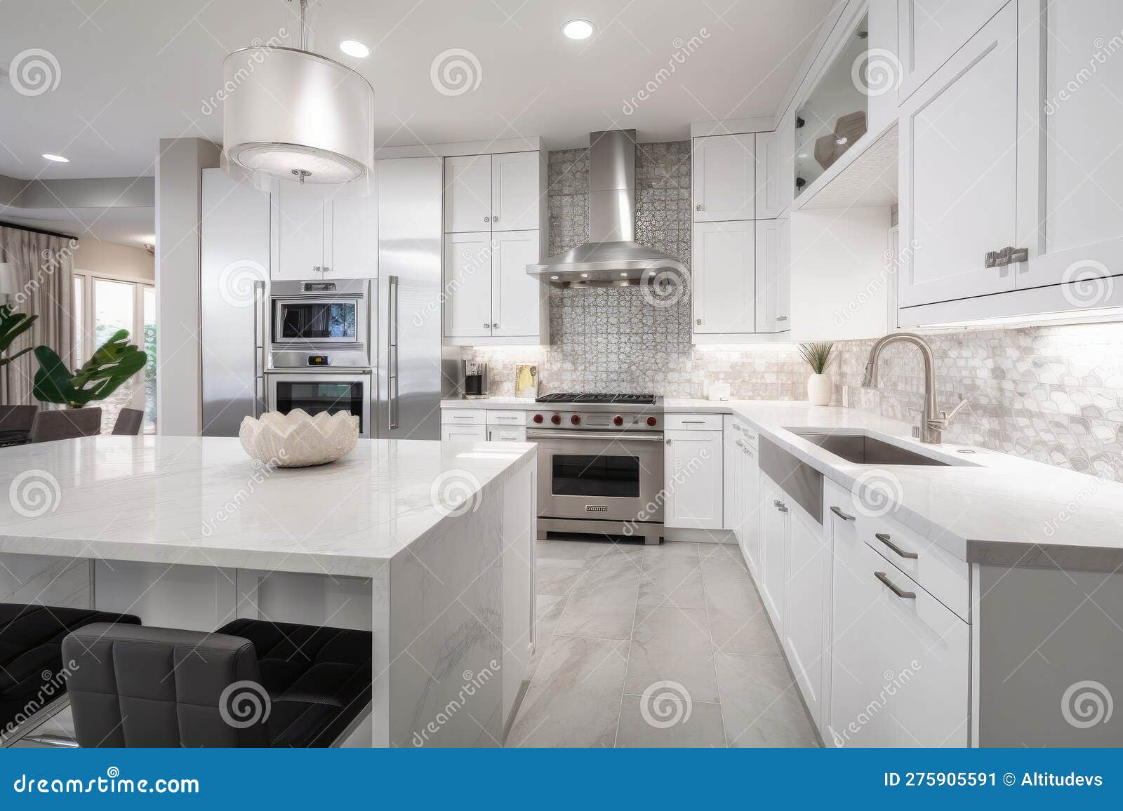 Modern White Kitchen with Custom Cabinets and Sleek Hardware Stock ...