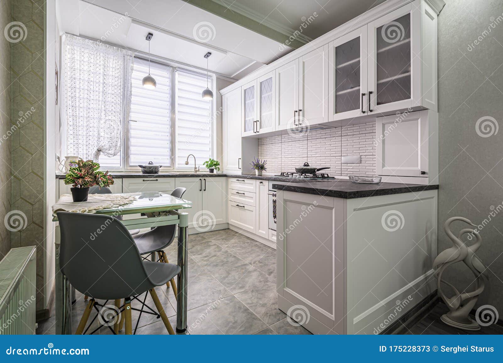 Modern White Kitchen Interior, Front View Stock Image - Image of ...