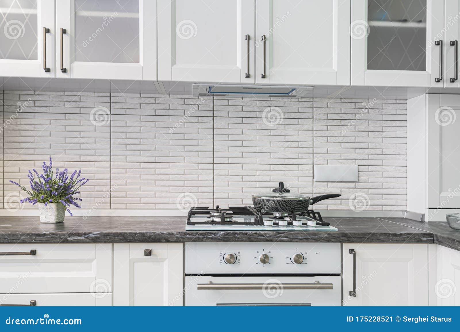 Modern White Kitchen Interior, Front View Stock Image - Image of ...