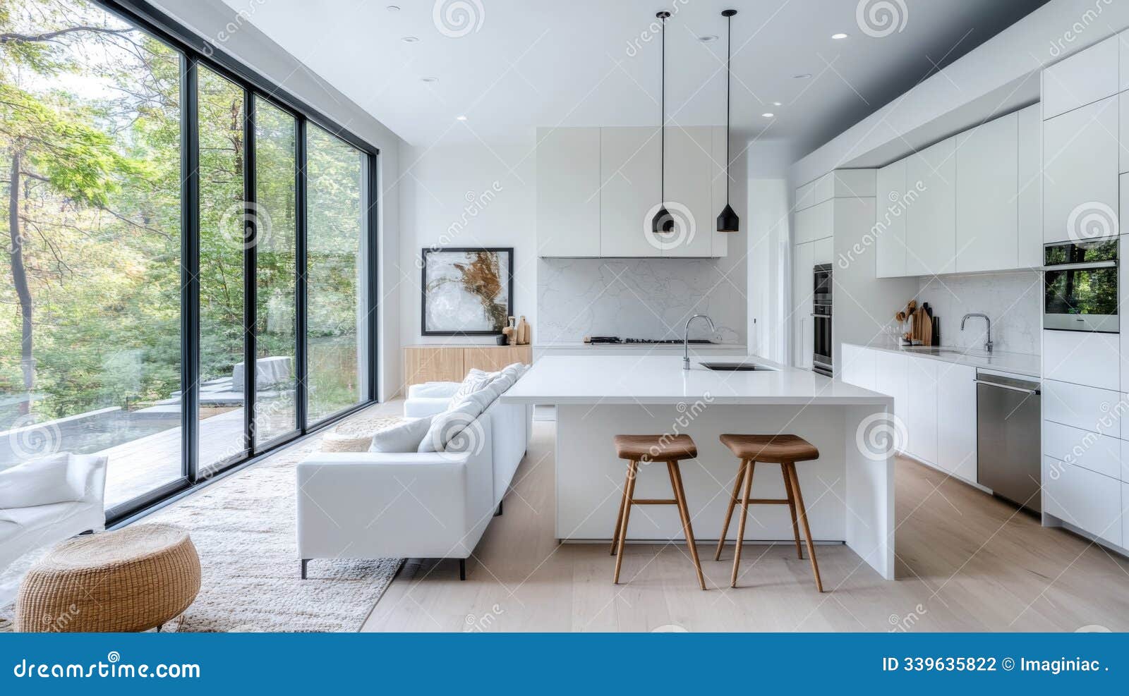 Modern White Kitchen with Island and Window View Stock Illustration ...