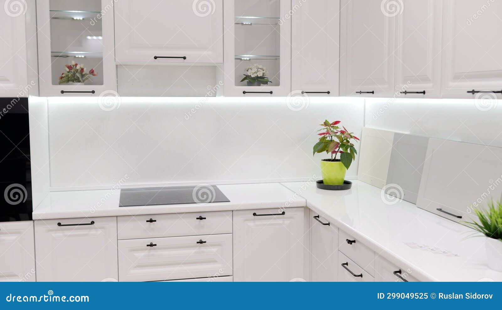 Interior of a Kitchen Set with Shelves and a Sink with a Stove. Modern ...