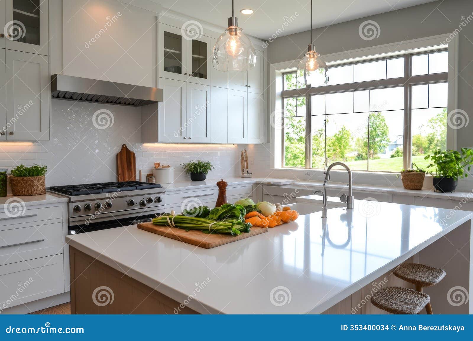 Modern White Kitchen with Vegetables on Countertop and Natural Light ...