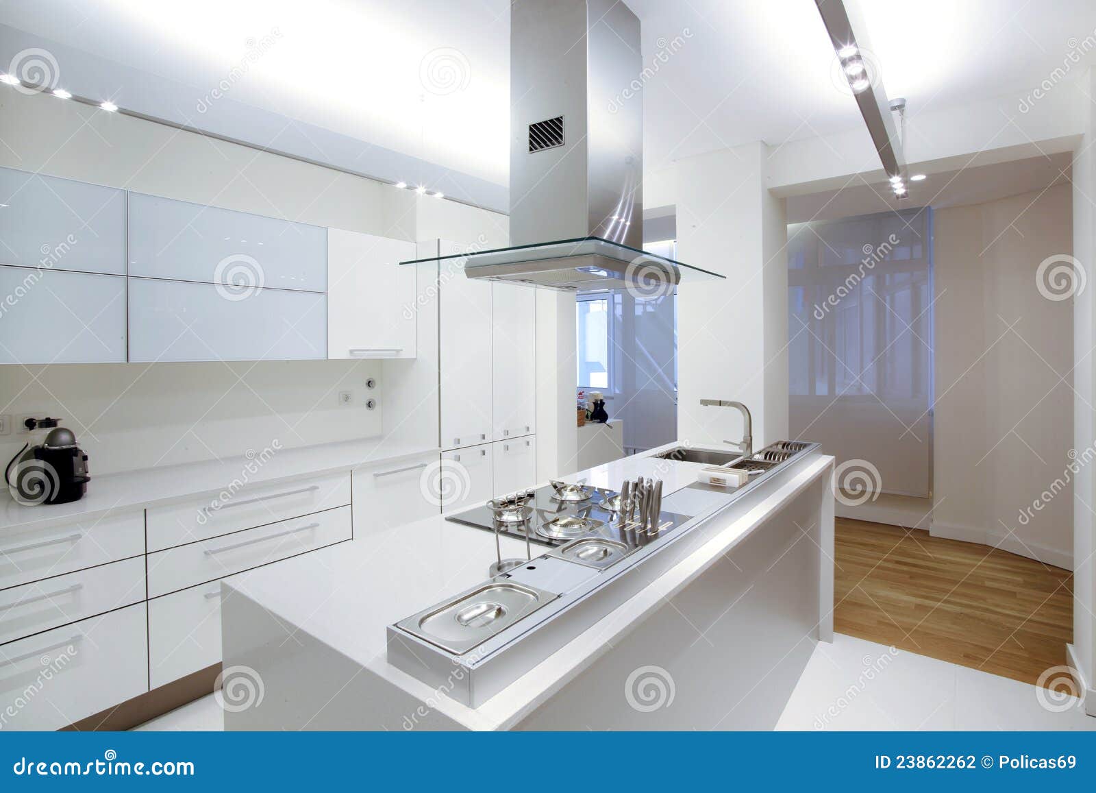 Modern White Kitchen with Wood Floor Stock Photo - Image of indoor ...