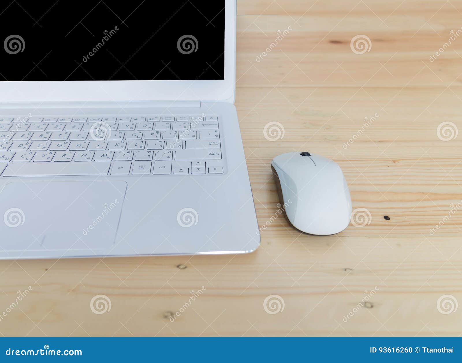 Modern White Laptop Computer and Mouse on Wood Table, Working De Stock ...