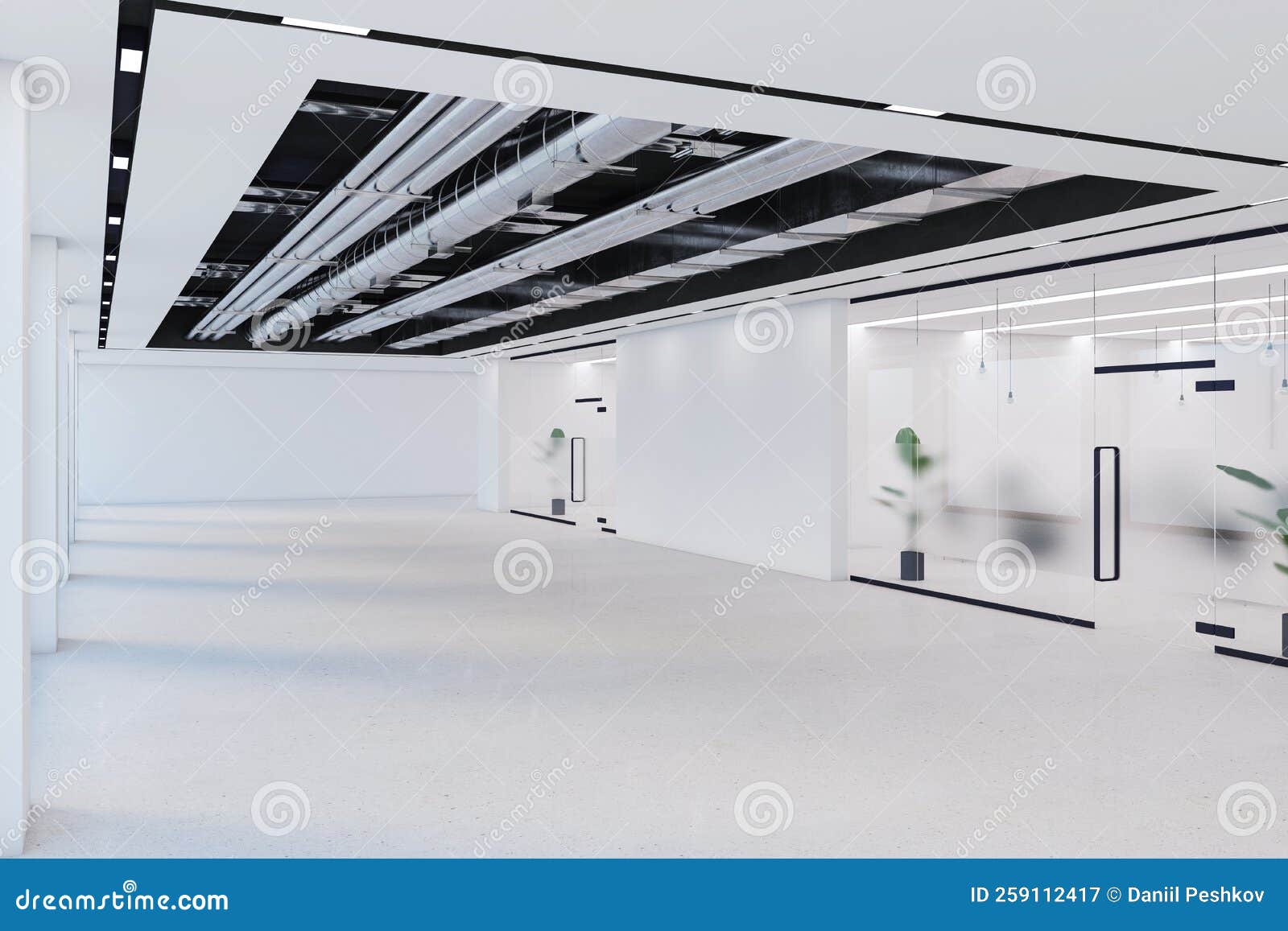 Modern White Light Glass Office Interior with Industrial Ceiling. Stock ...