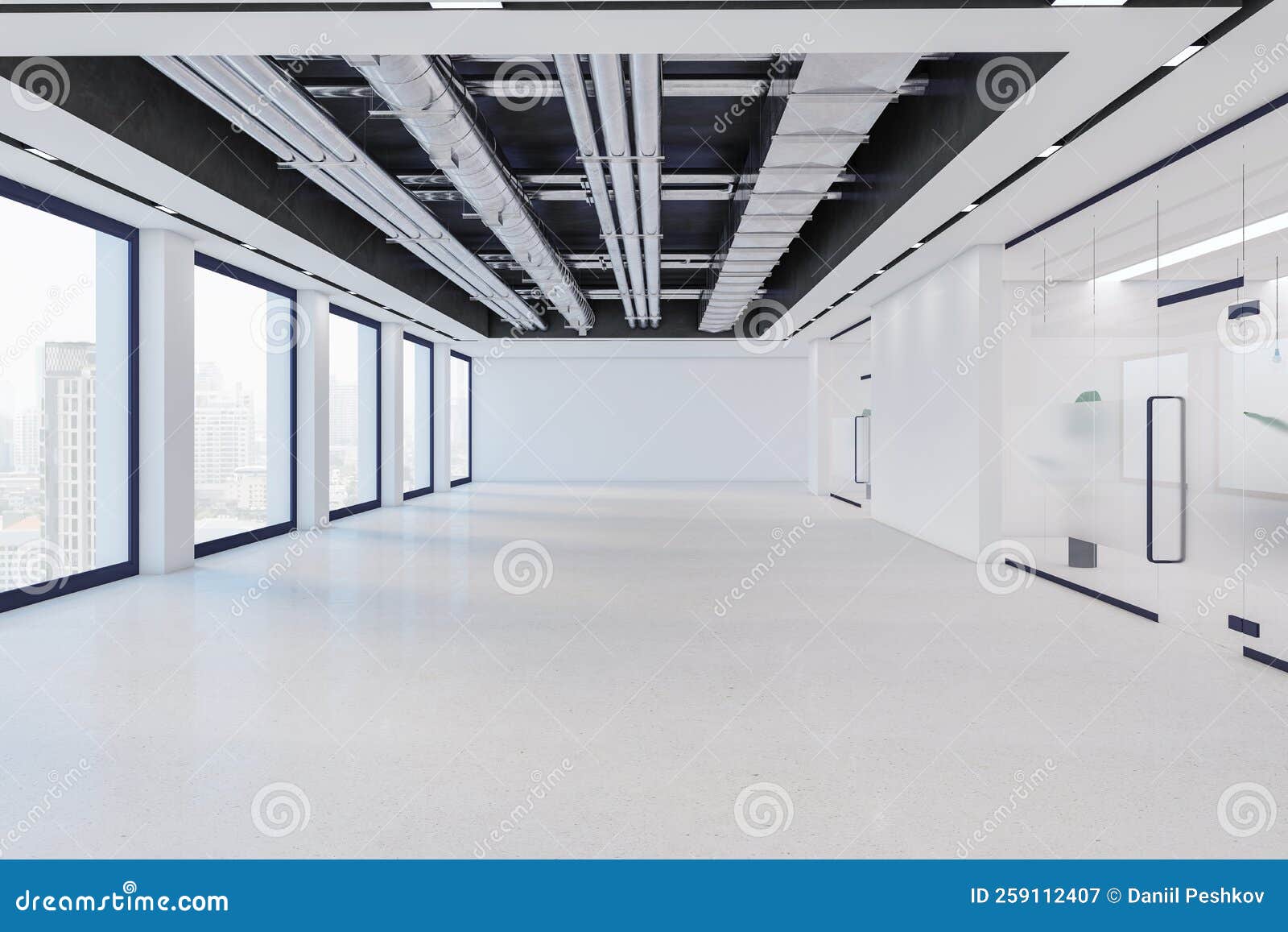 Modern White Light Glass Office Interior with Industrial Ceiling and ...