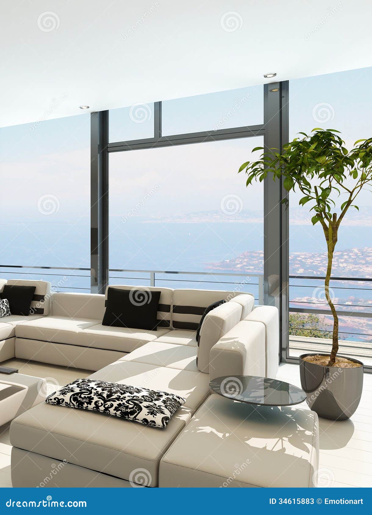 Modern White Living Room Interior with Splendid Seascape View Stock ...