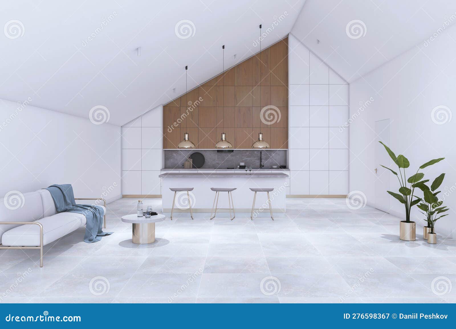 Modern Loft Kitchen Studio Interior. Designs Concept. 3D Rendering ...