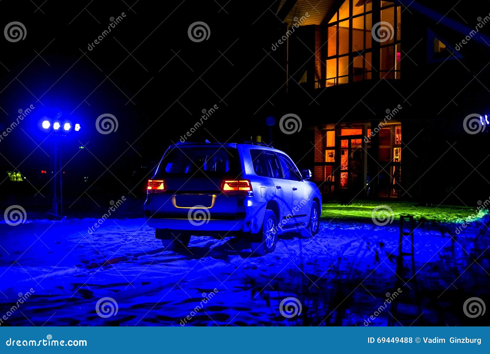 Modern White Off-roader at Night Under Blue Light Stock Photo - Image ...