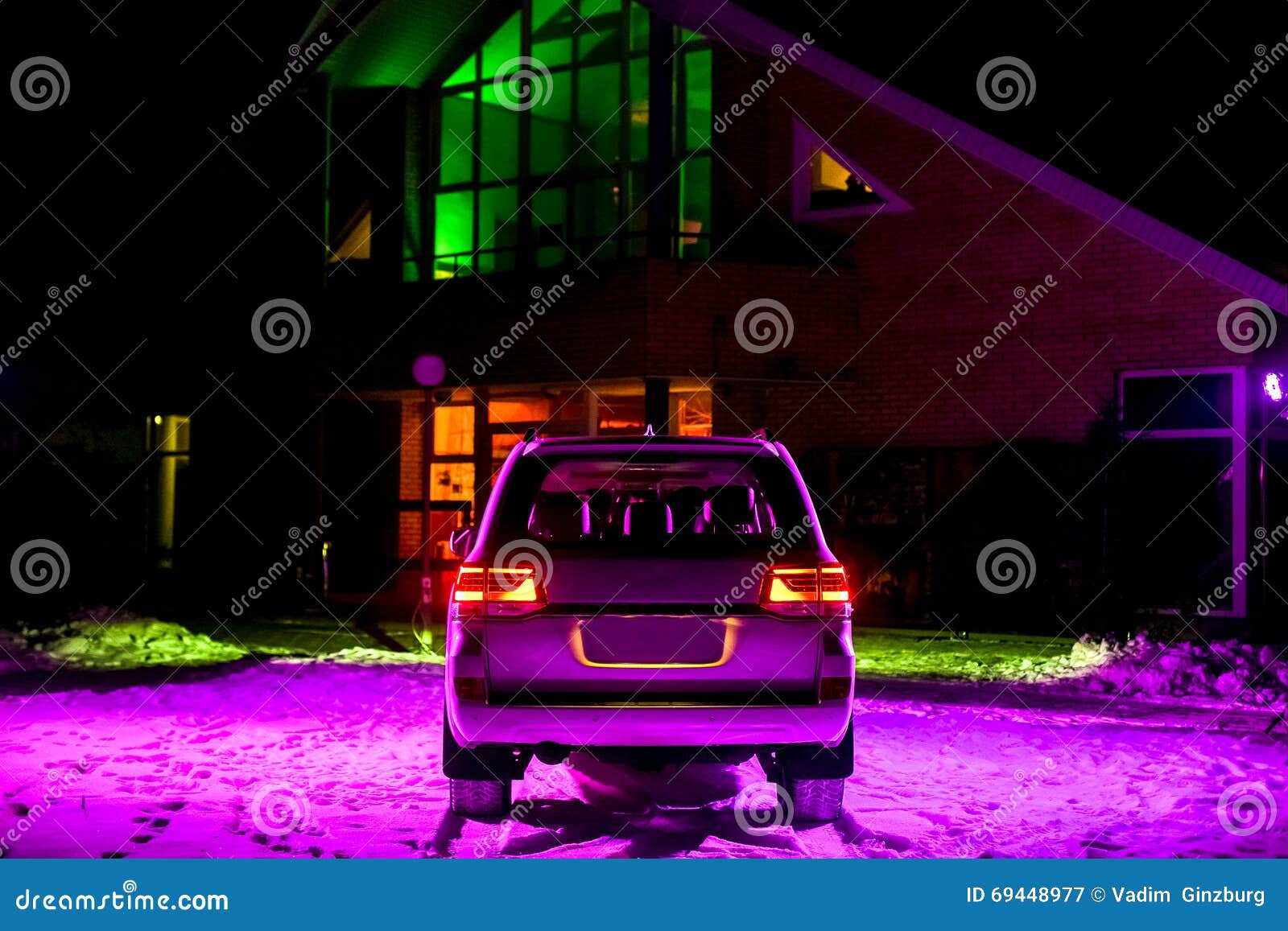 Modern White Off-roader at Night Under Purple Light Stock Image - Image ...
