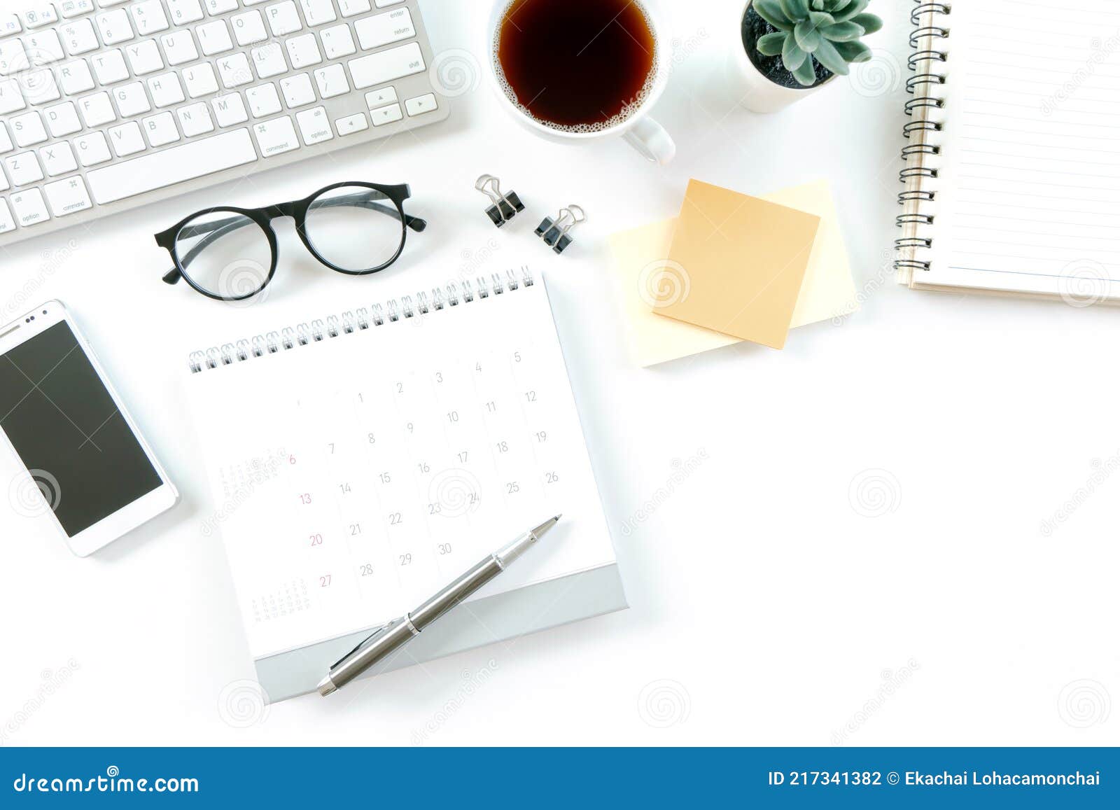 Modern White Office Desk Table with Computer, Calendar, Notebook, Tree ...