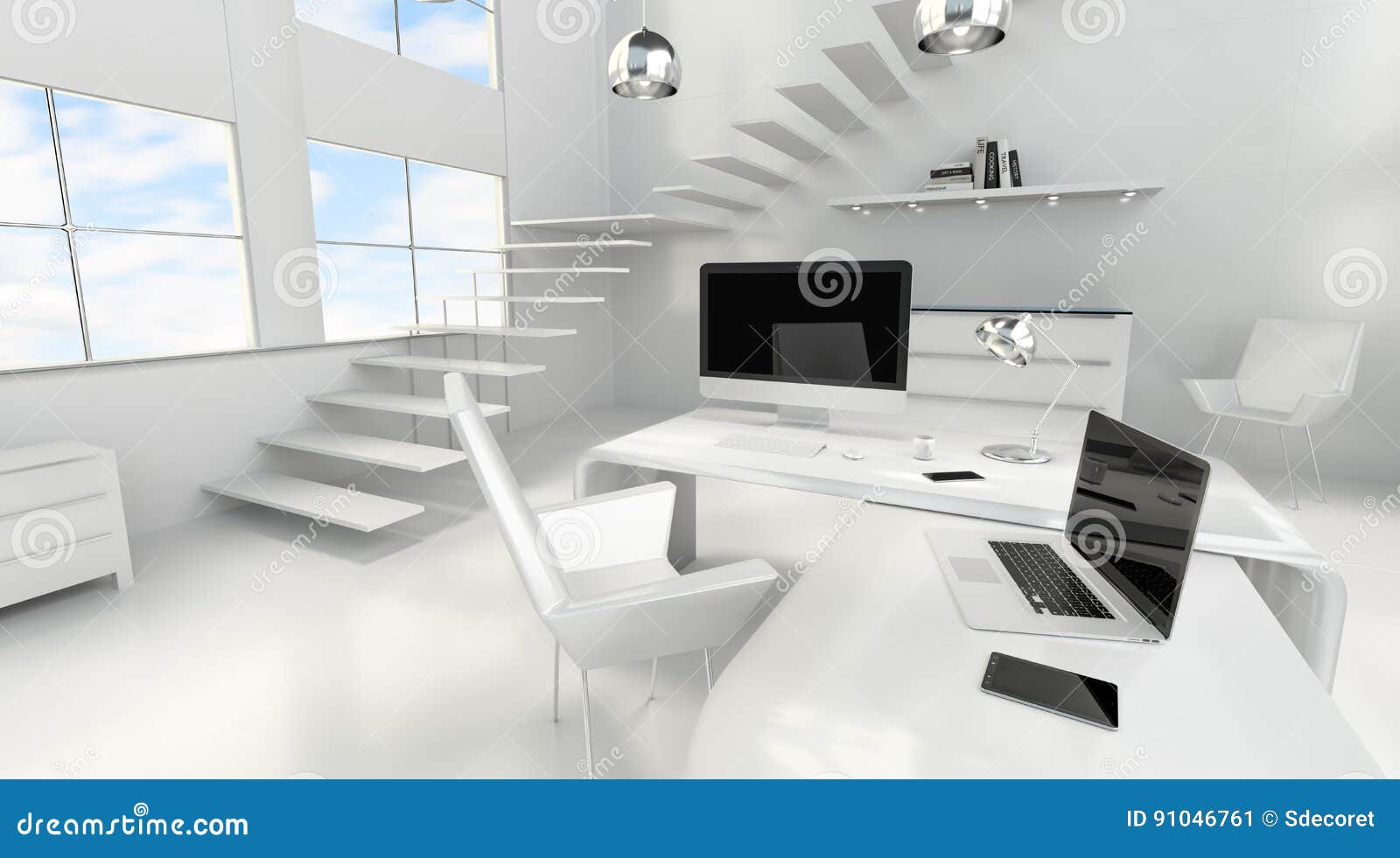 Modern White Office Interior with Computer and Devices 3D Render Stock ...