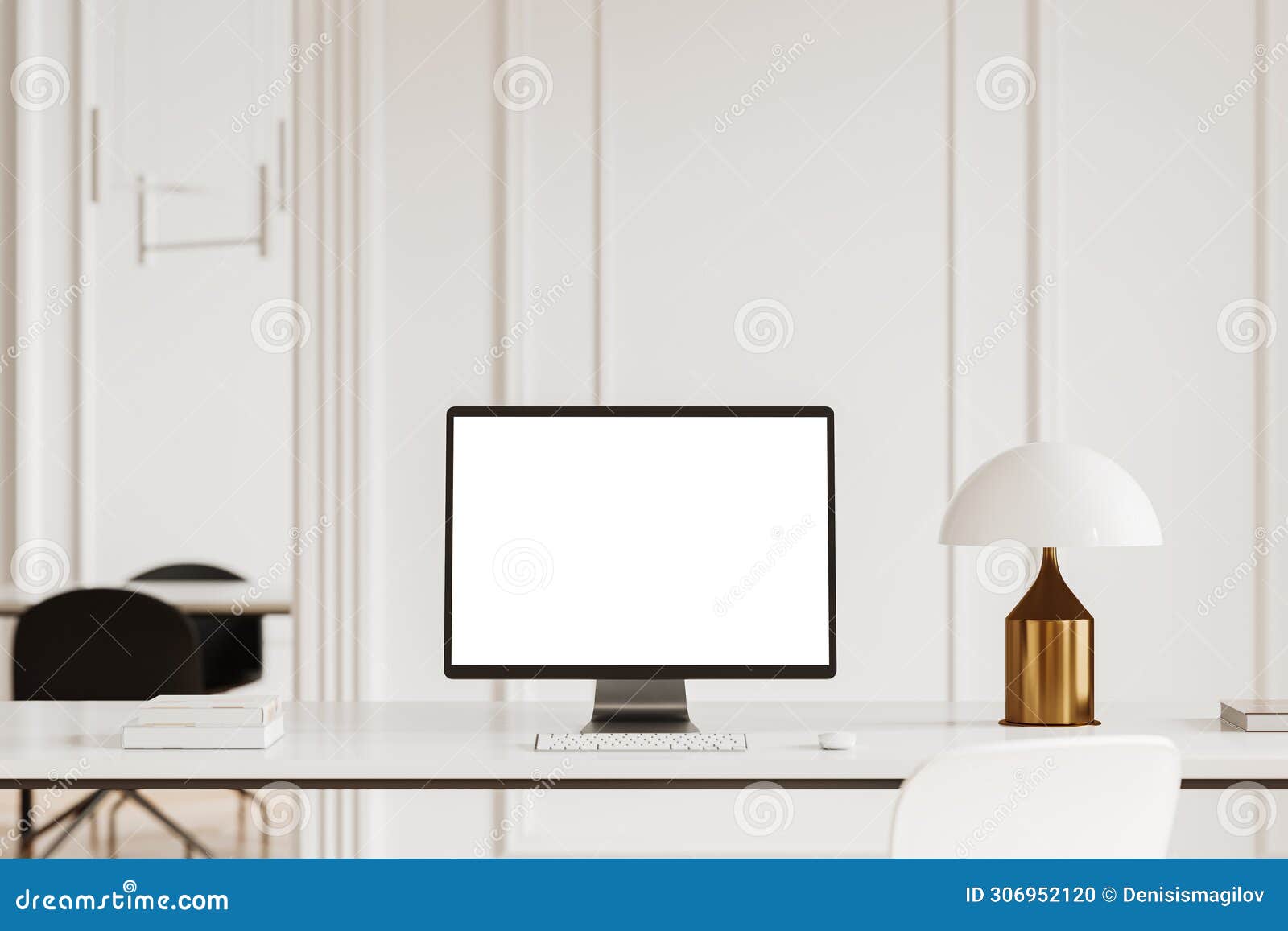 Modern White Office Interior with Pc Computer and Mockup Screen on ...