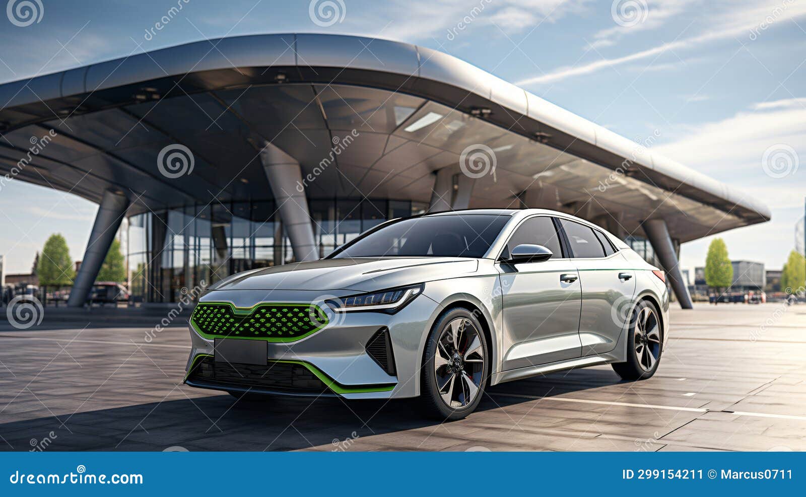 A Modern White-painted Car Stands in Front of an Architecturally ...