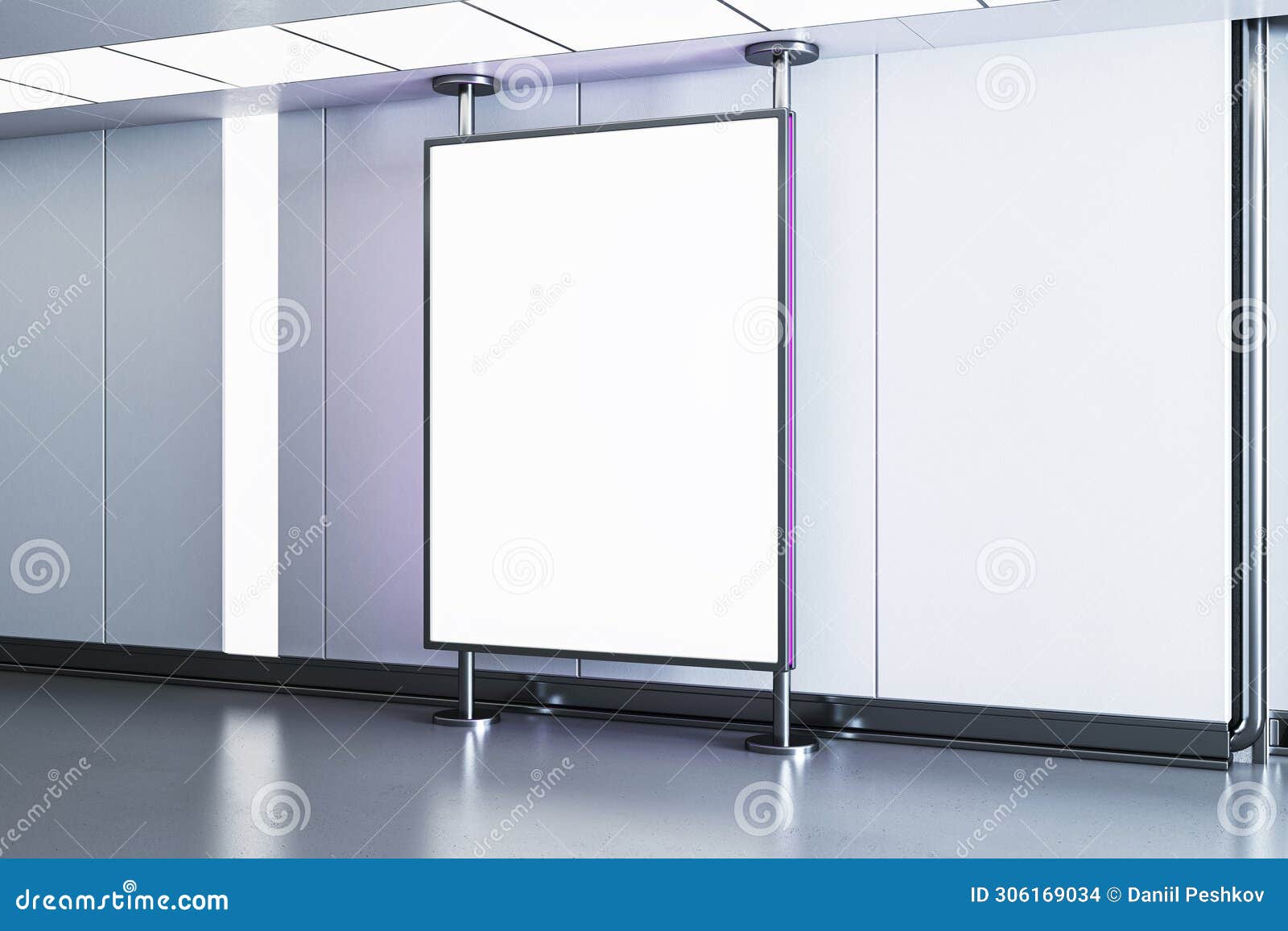 Modern White Screen in a Bright Corridor, Purple Accent for Advertising ...
