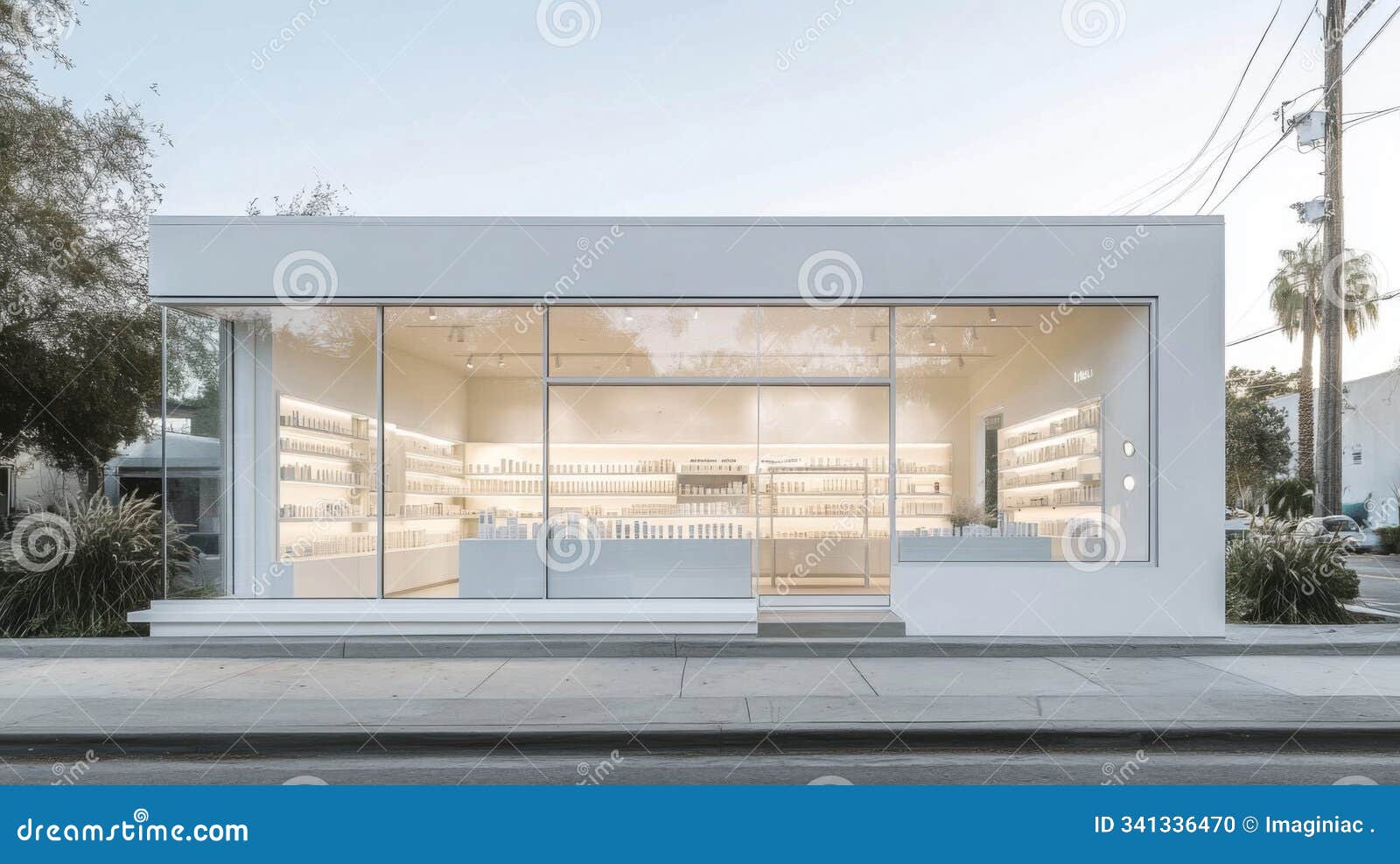 Modern White Storefront with Glass Windows and Rows of Products Stock ...