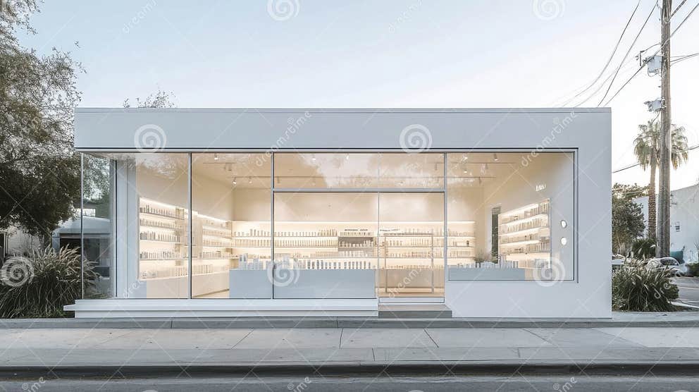 Modern White Storefront with Glass Windows and Rows of Products Stock ...
