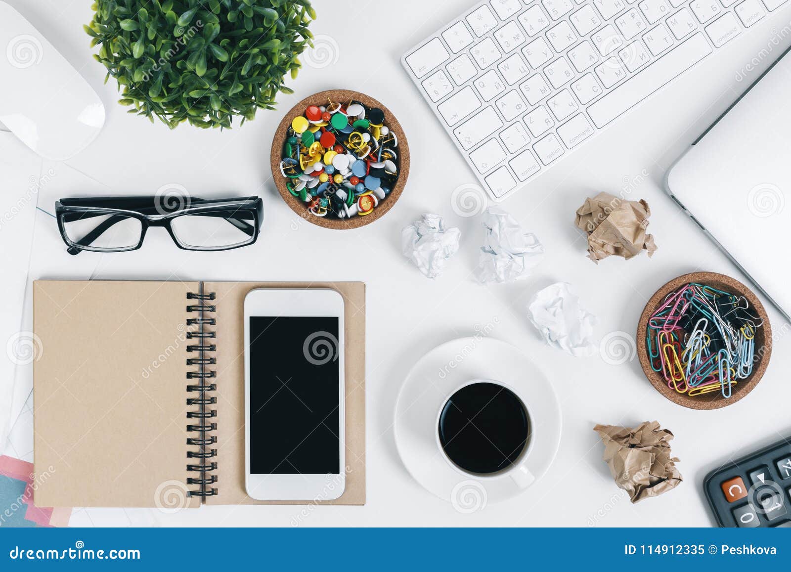 Modern White Table Top with Objects Stock Image - Image of notepad ...