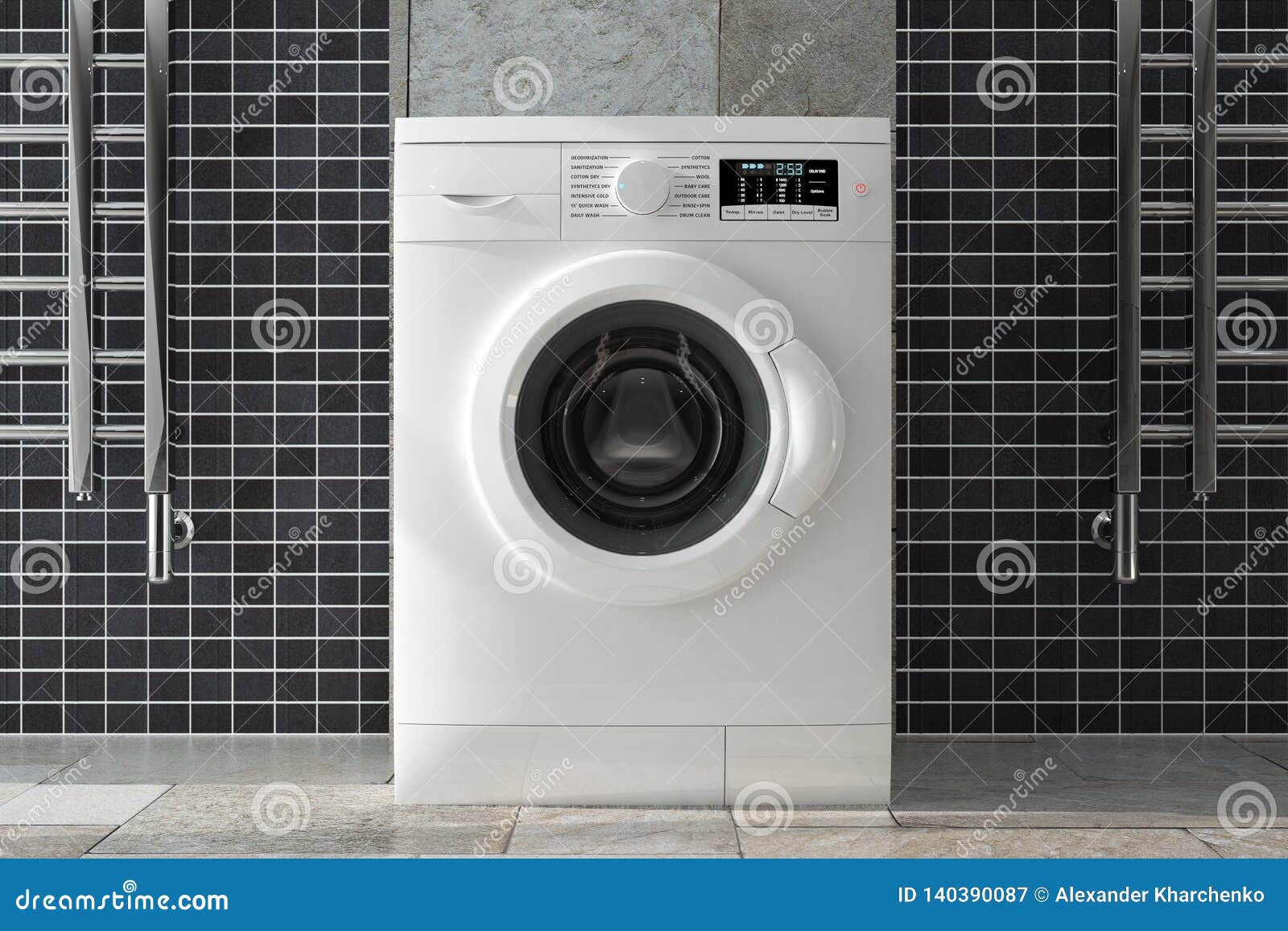 Modern White Washing Machine in Bathroom Interior. 3d Rendering Stock ...