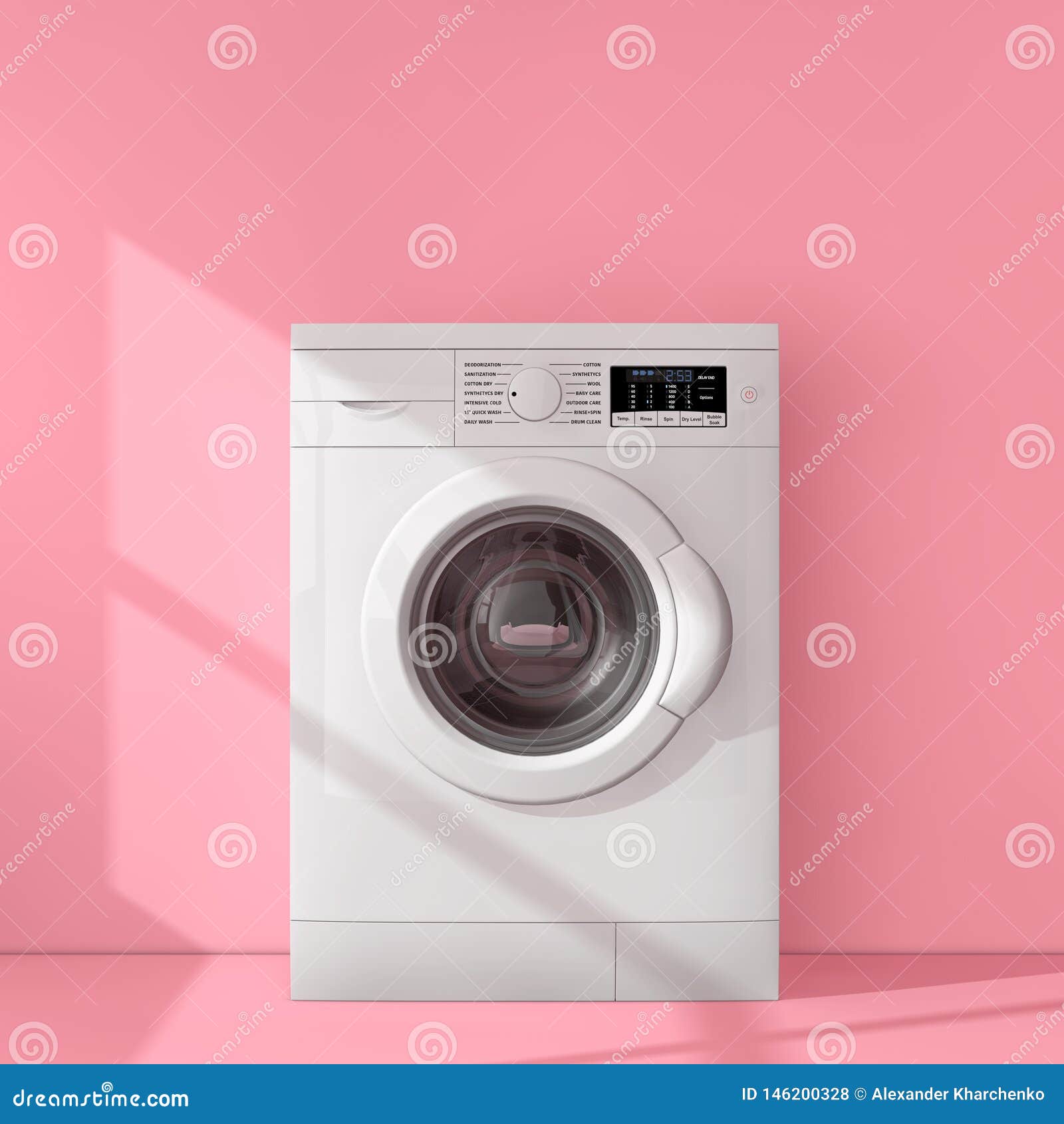 Modern White Washing Machine in Pink Room. 3d Rendering Stock ...