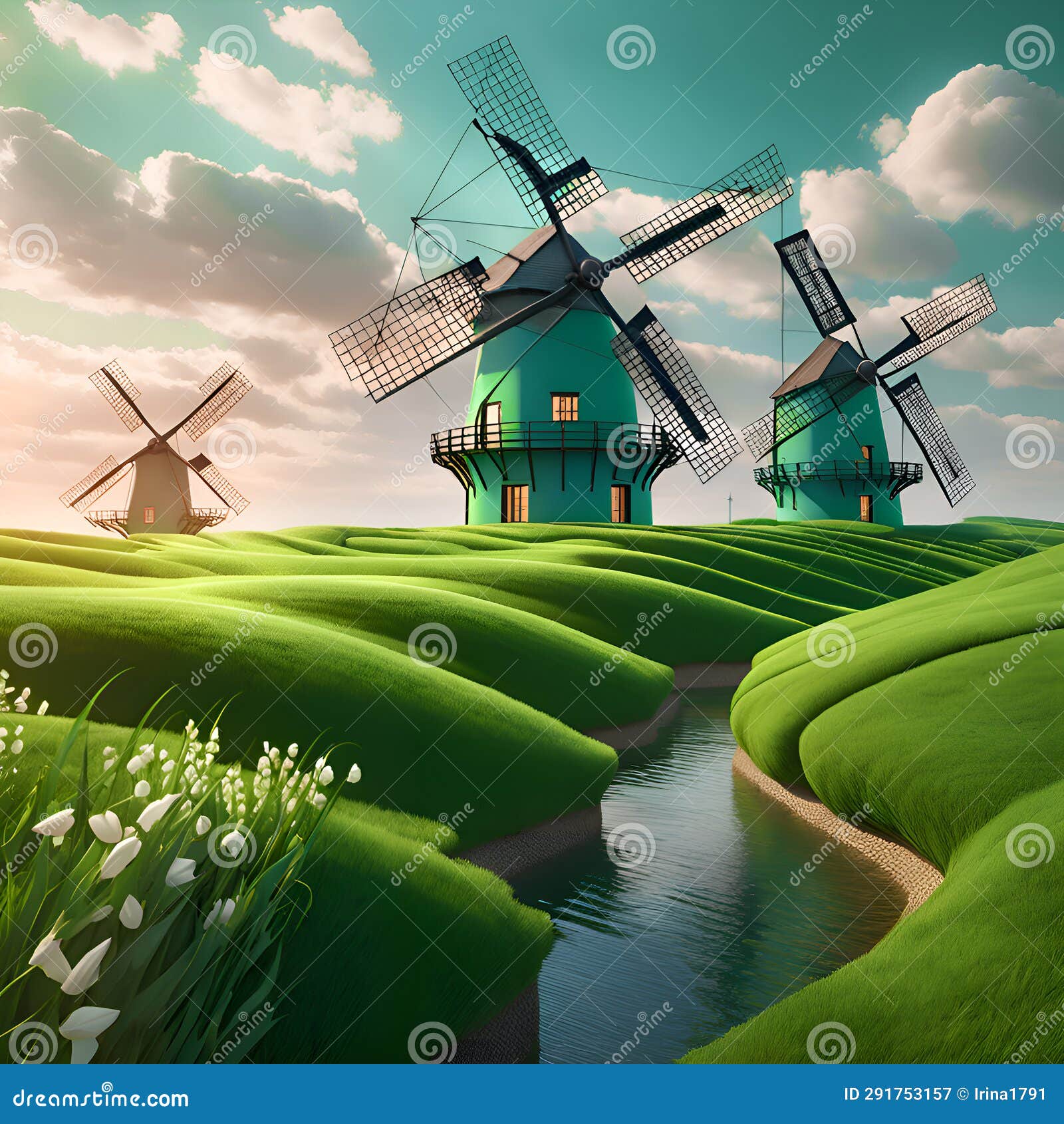 Modern Windmills on a Green Field. Clean Electricity Concept Stock ...