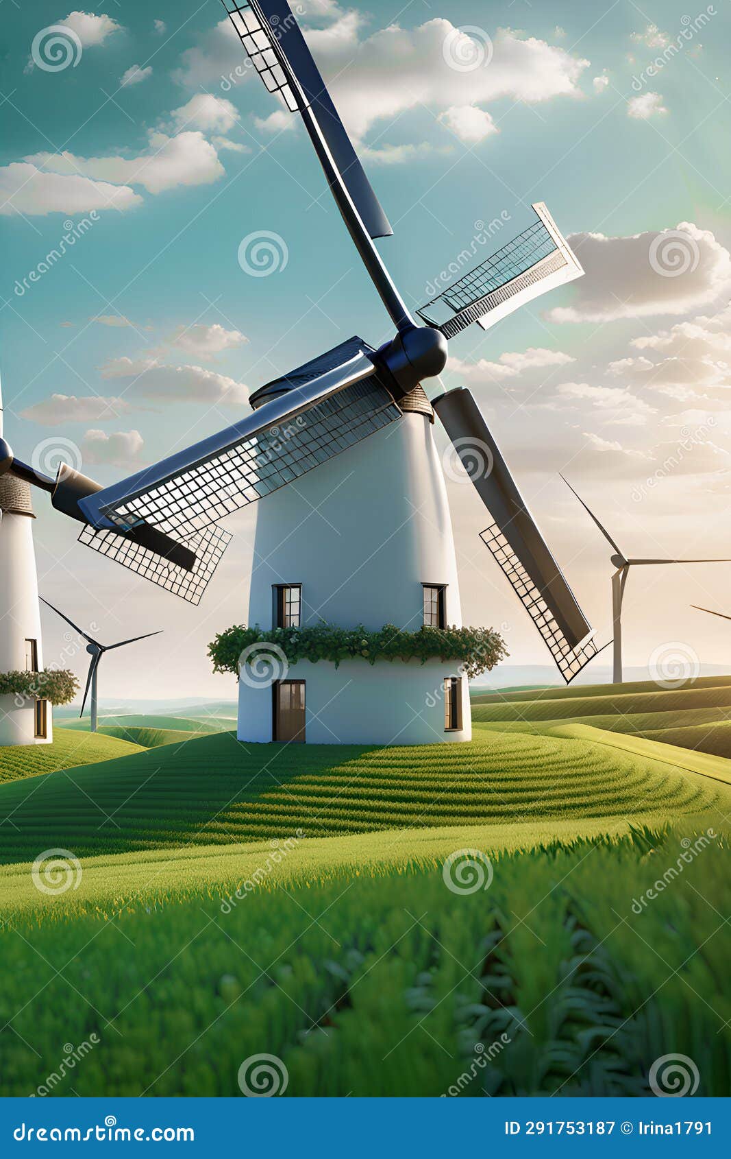 Modern Windmills on a Green Field. Clean Electricity Concept Stock ...