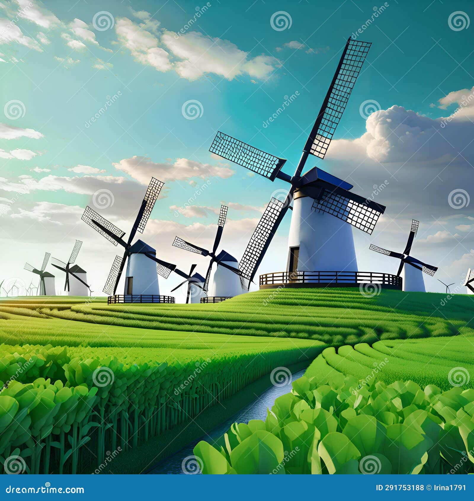 Modern Windmills on a Green Field. Clean Electricity Concept Stock ...