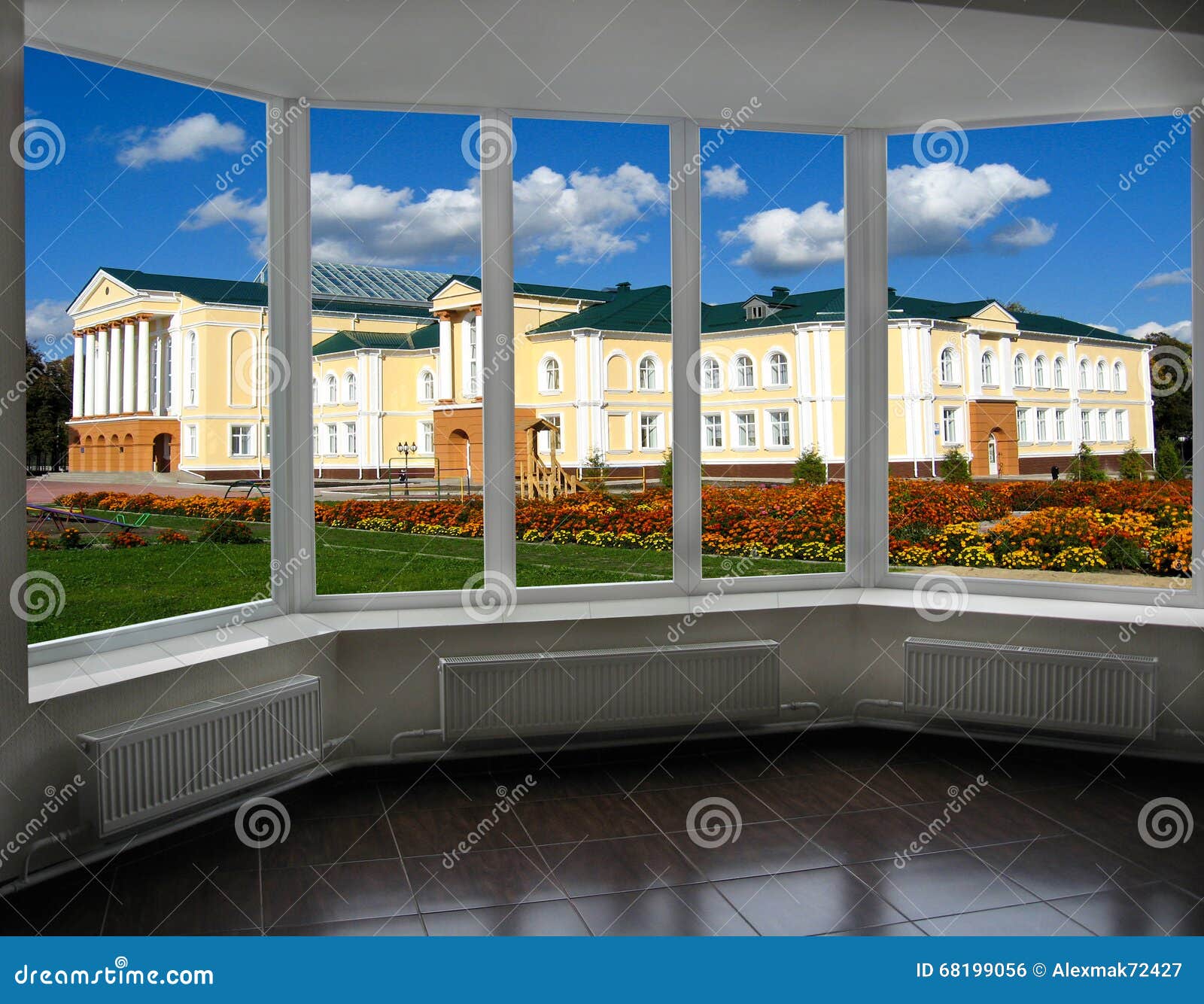 Modern Window Overlooking the Beautiful Palace with Garden Stock Photo ...