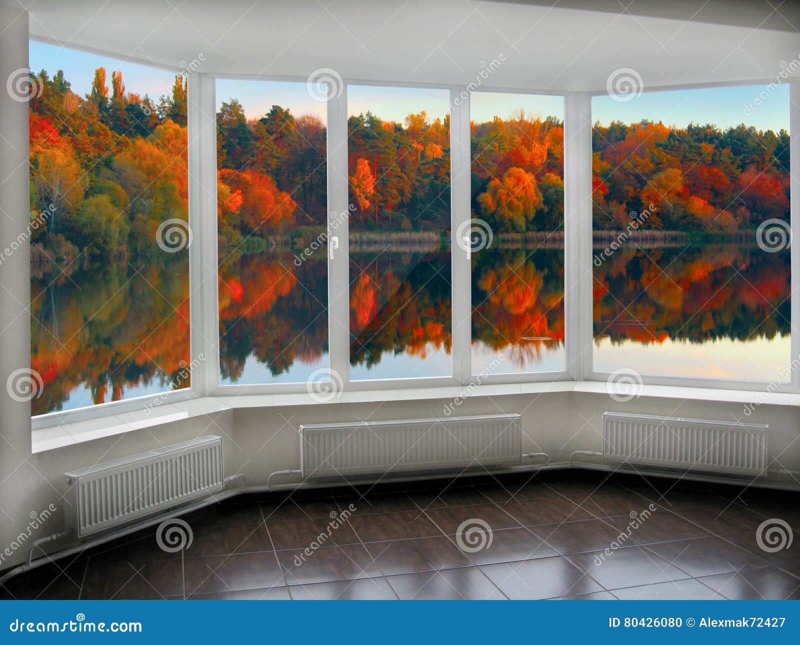 Modern Window To the Autumnal Forest Lake Stock Photo - Image of house ...