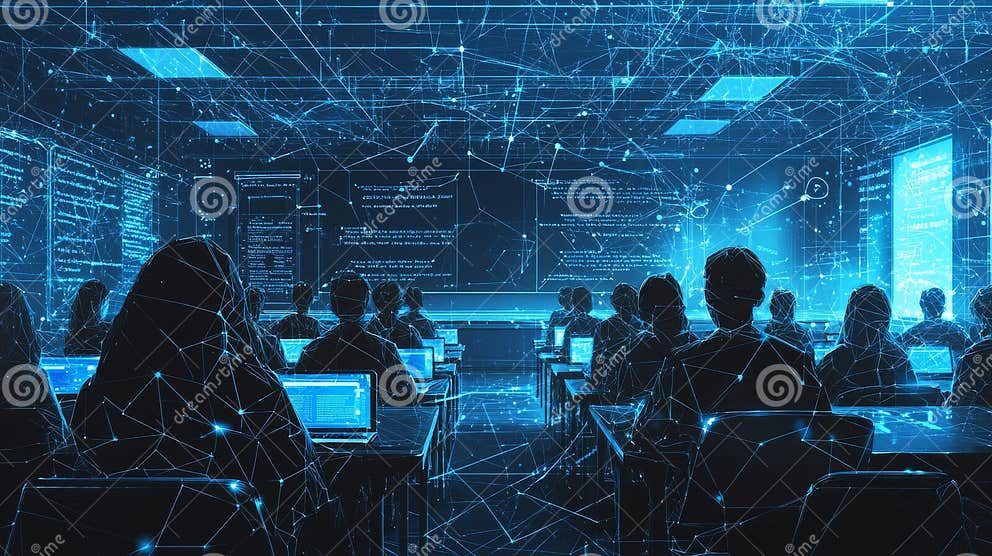 Modern Wireframe Classroom with Students Learning Coding and Technology Concepts Stock Image ...
