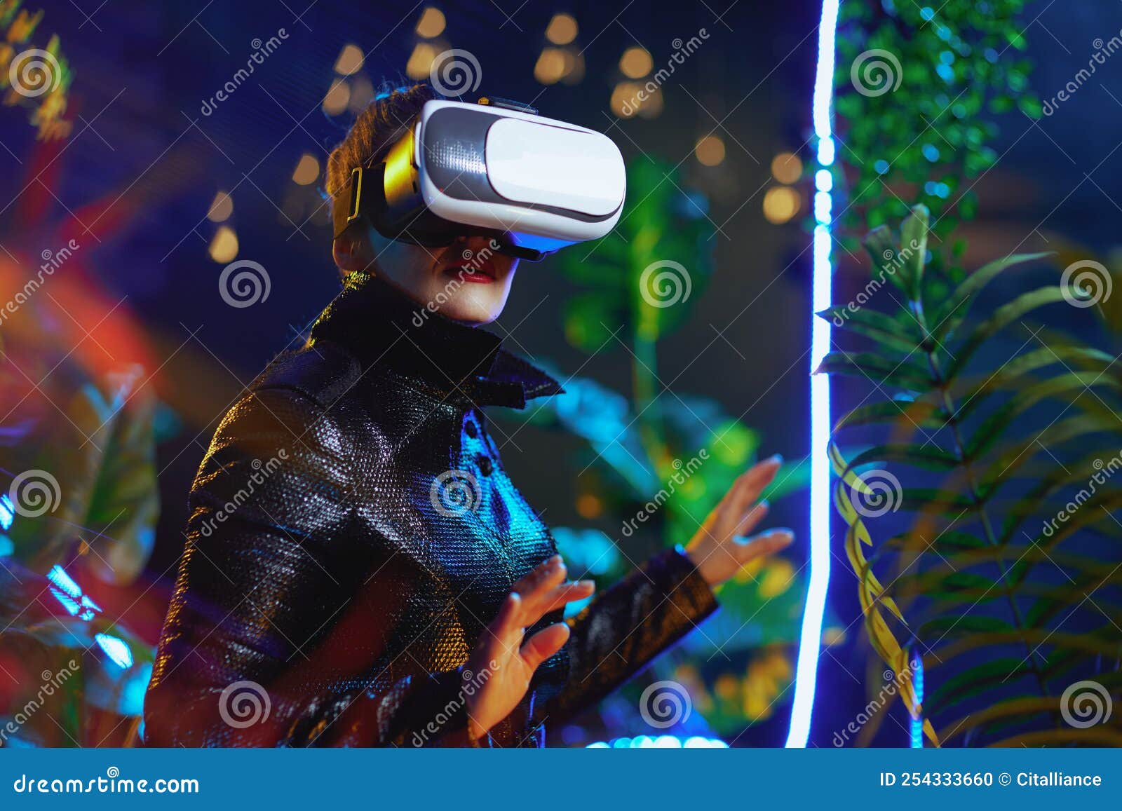 Modern Woman in Metaverse in Vr Headset Exploring Stock Photo - Image ...