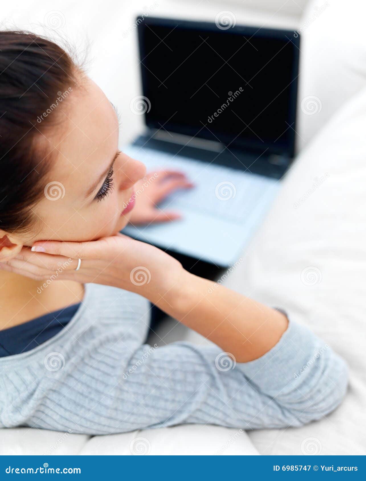 Modern Woman Sitting with a Laptop and Thinking Stock Image - Image of ...
