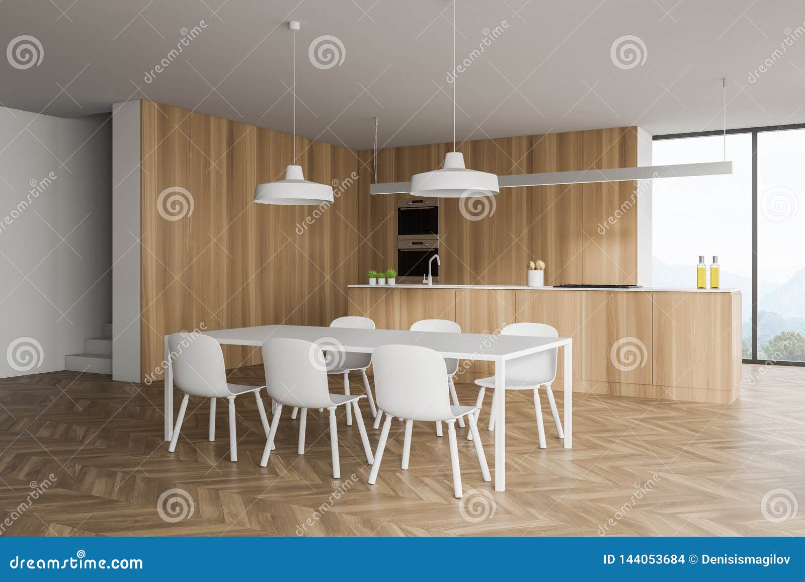Modern Wood Style Kitchen Interior Stock Illustration - Illustration of ...