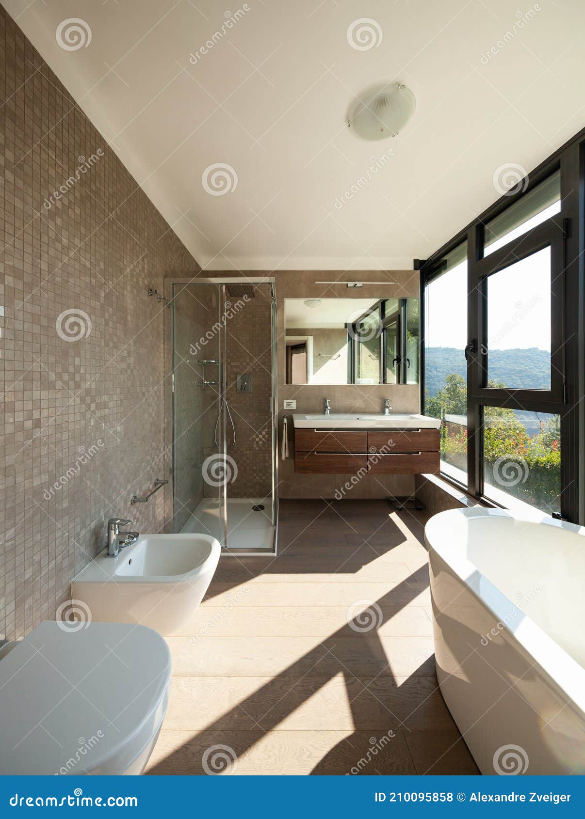 Modern Wooden Bathroom with Large Windows Stock Photo - Image of ...