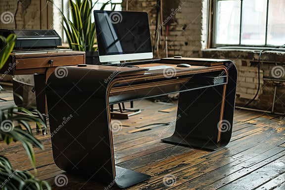 A Modern Wooden Computer Table. Generative AI Stock Illustration ...