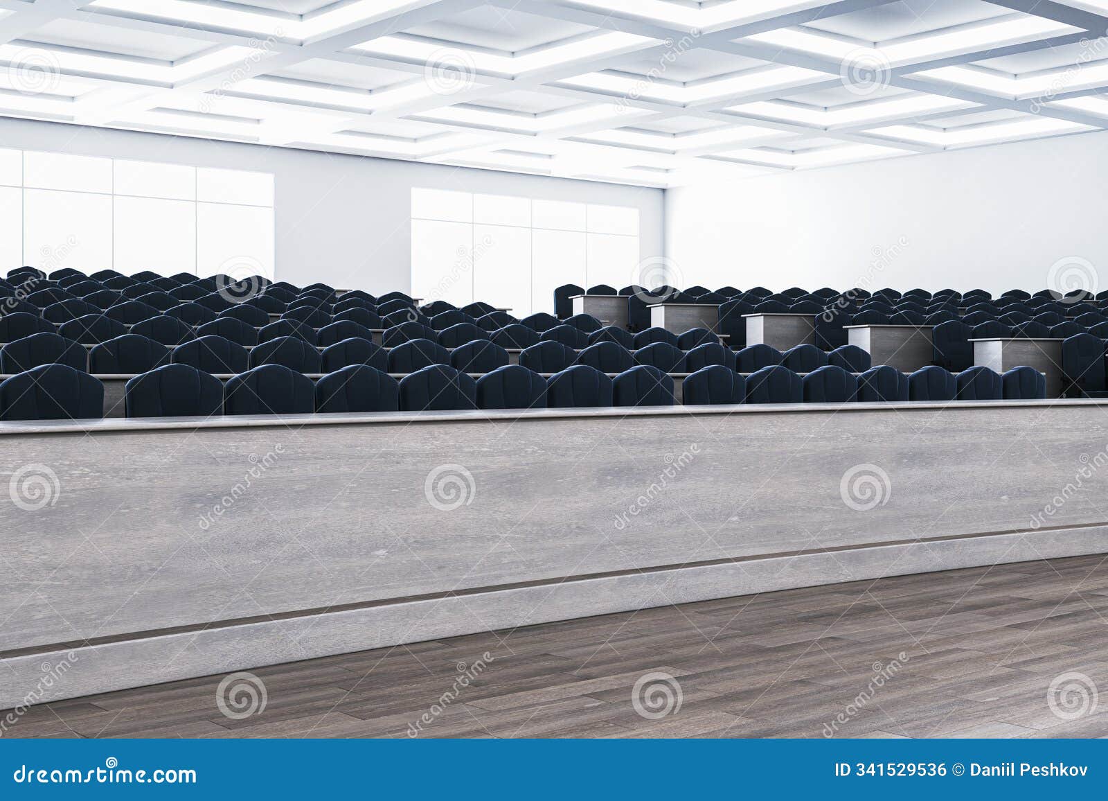 Modern Wooden and Concrete Auditorium Interior with Panoramic Windows ...