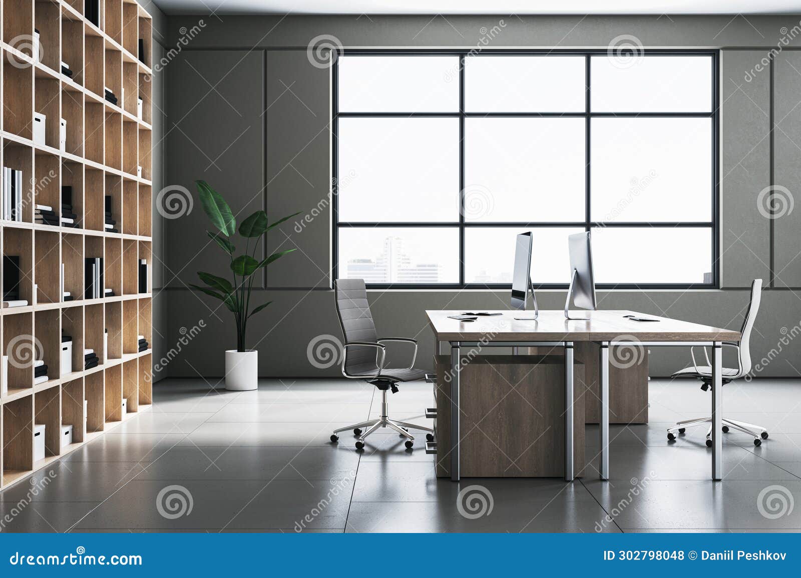 Modern Wooden and Concrete Office Interior with Windows and City View ...